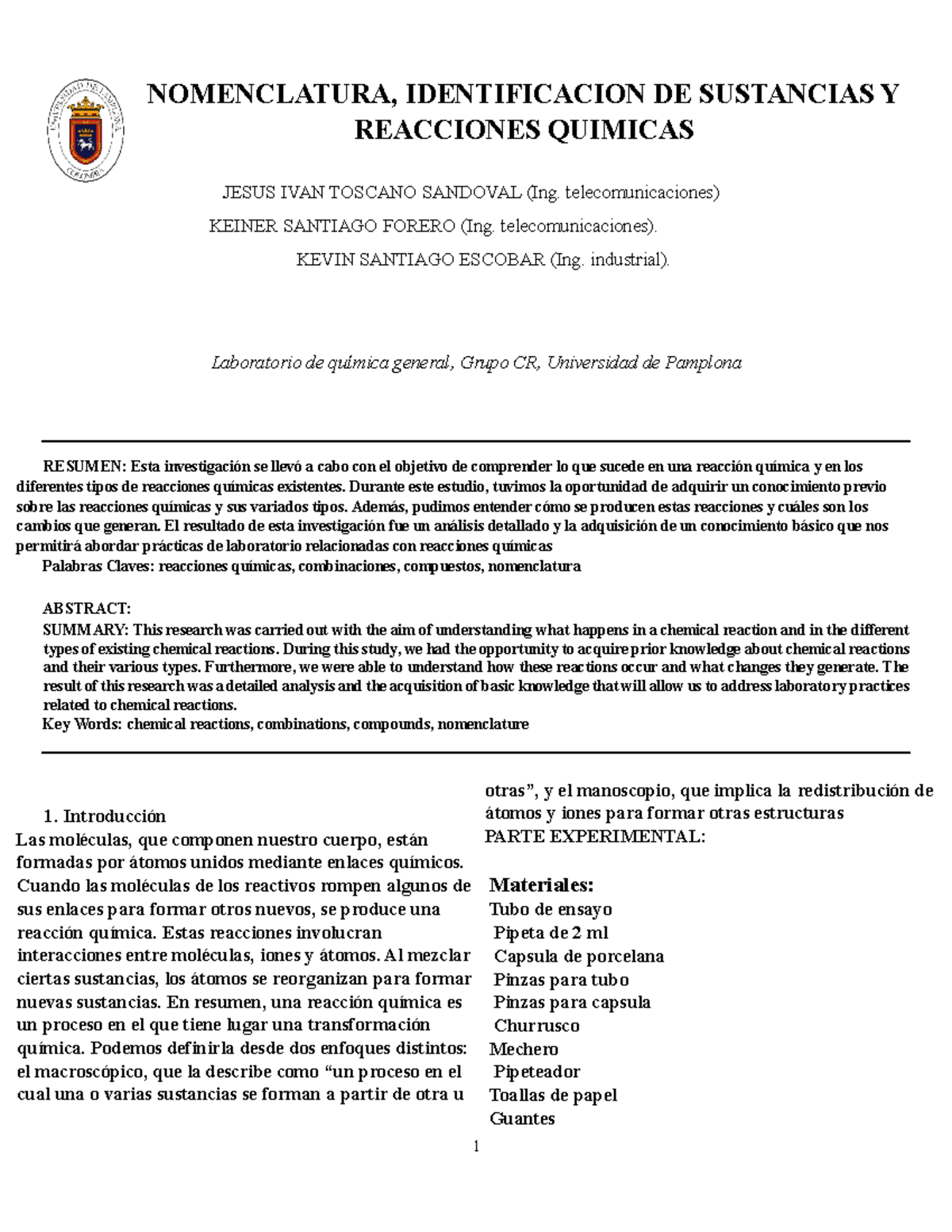 Informe 8 nomenclatura 1 - NOMENCLATURA, IDENTIFICACION DE SUSTANCIAS Y REACCIONES QUIMICAS ...