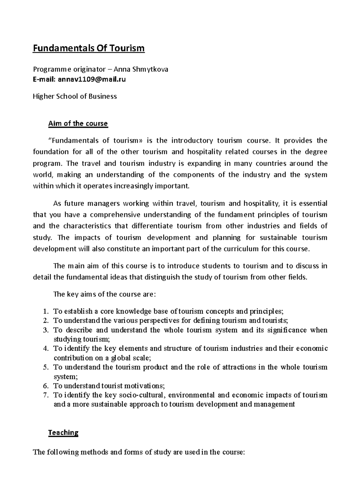 Fundamentals of tourism - Fundamentals Of Tourism Programme originator ...