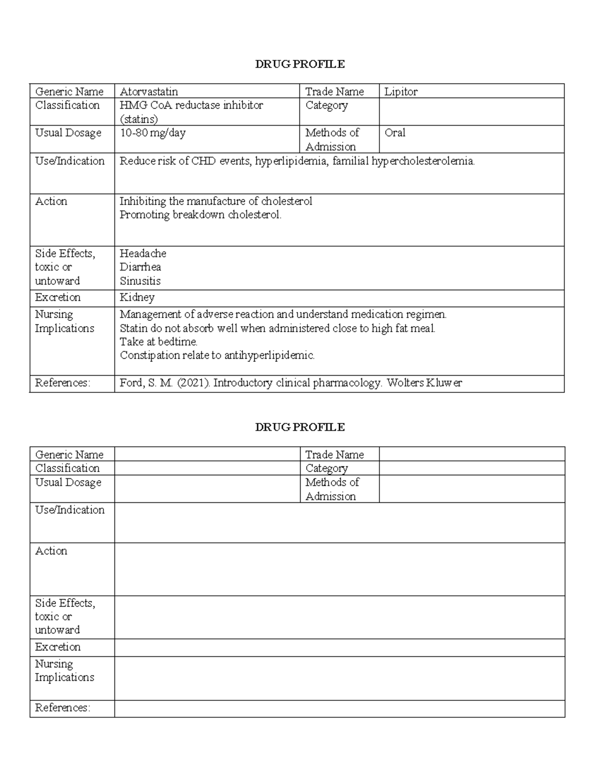 DRUG Profile 1 - atorvastatin - DRUG PROFILE Generic Name Atorvastatin ...