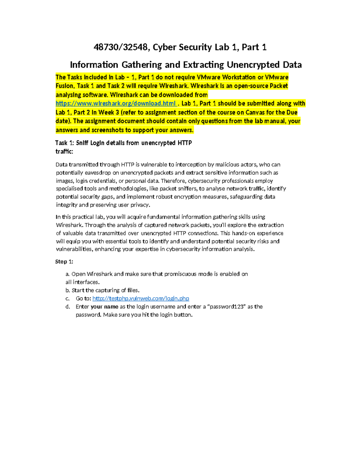Cybersec-Week 1- Lab 1, Part 1- Handout - 48730/32548, Cyber Security Lab 1, Part 1 Information ...