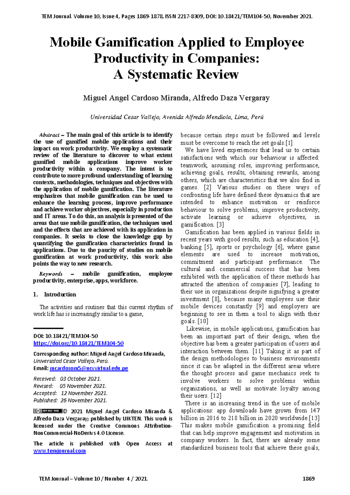 AC Cardoso MMA - TEM Journal. Volume 10, Issue 4, Pages 1869-1878, ISSN ...