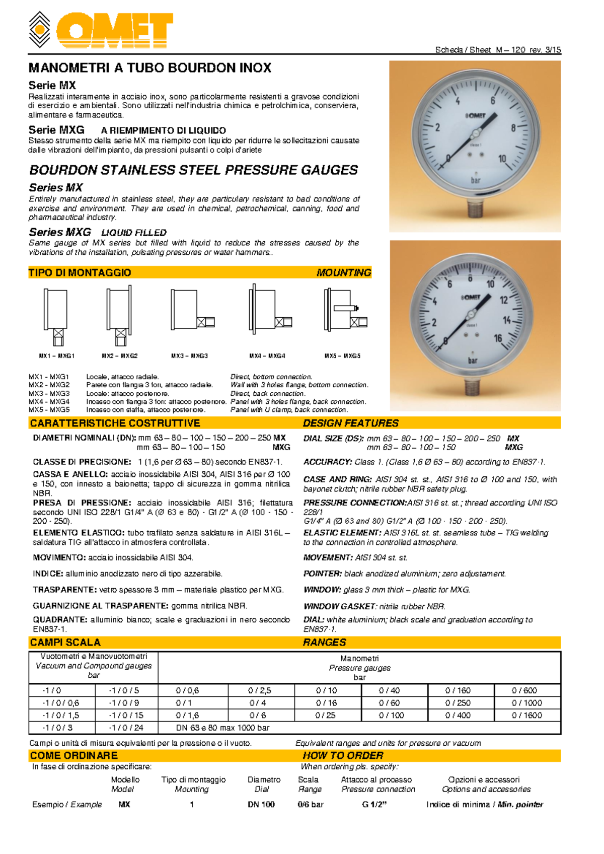 020-M120 manometri MX-MXG Datasheet - Scheda / Sheet M – 120 rev. 3/ TIPO DI MONTAGGIO MOUNTING ...