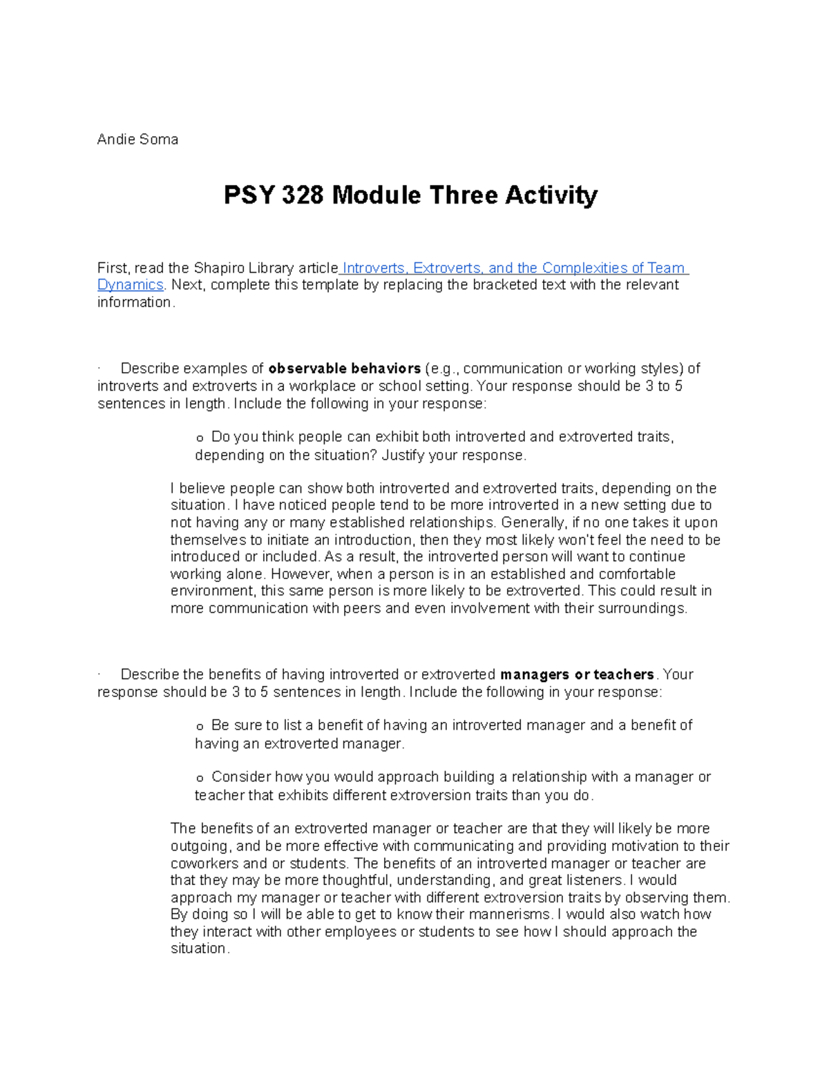 PSY 328 Module Three Activity - Andie Soma PSY 328 Module Three Activity First, read the Shapiro ...