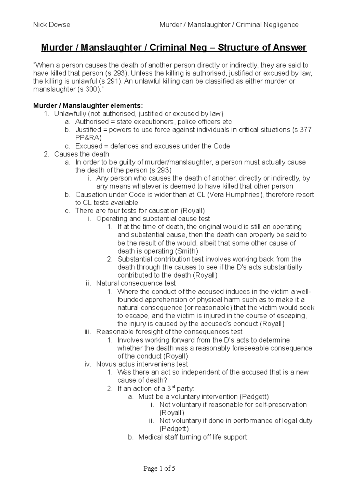 Murder & Manslaughter – Structure of Answer - Murder / Manslaughter ...