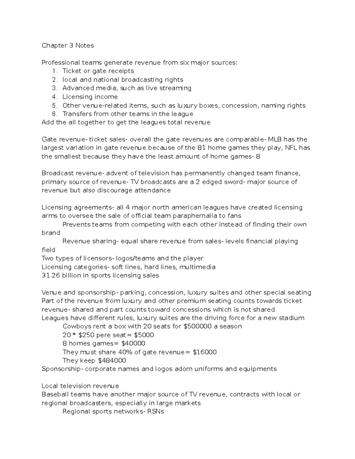 Chapter 3 Notes - Chapter 3 Notes Professional teams generate revenue ...