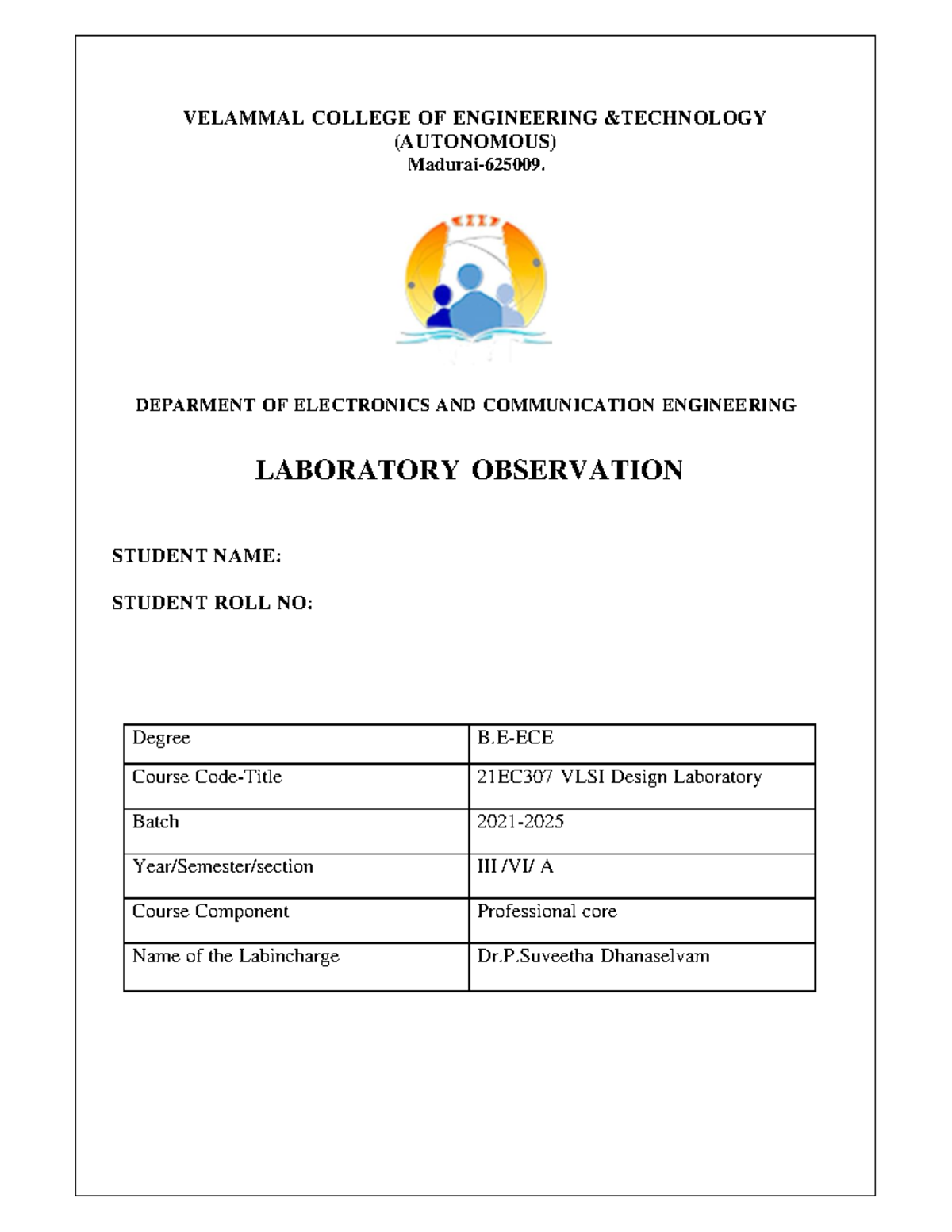 Lab manual student (1)-3 - VELAMMAL COLLEGE OF ENGINEERING &TECHNOLOGY (AUTONOMOUS) - Studocu