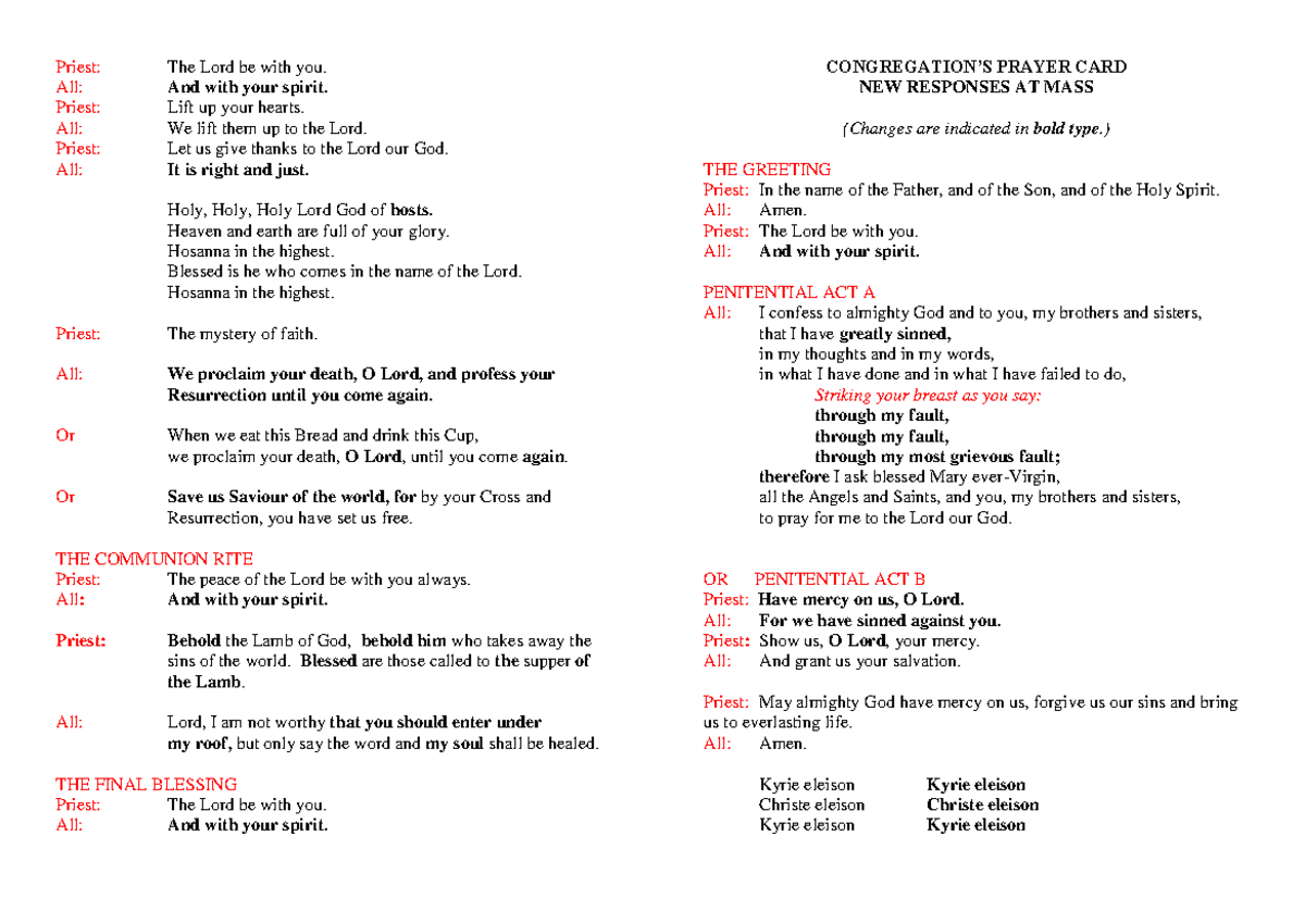 Mass Responses - Mass - Priest: The Lord be with you. All: And with ...