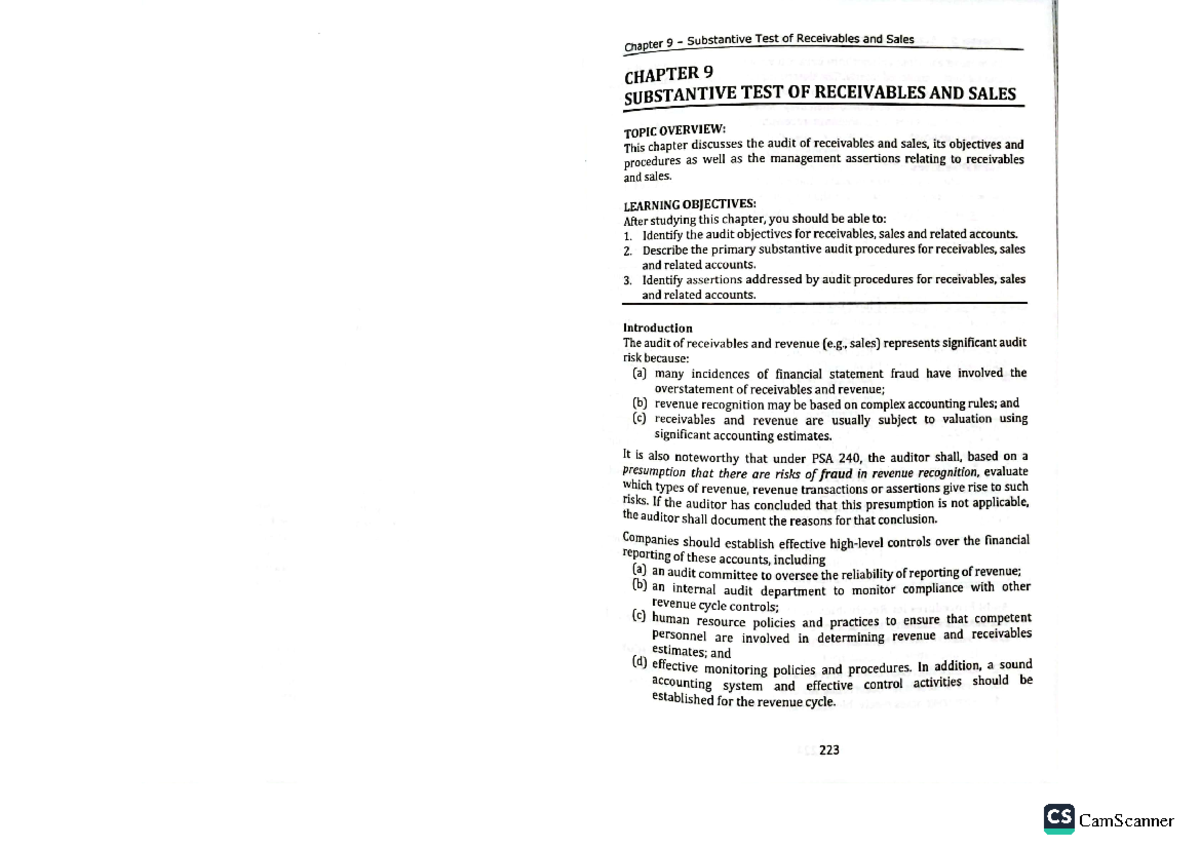 Ch9 - Substantive Test of Receivables and Sales - LEARNING OBJECTIVES ...
