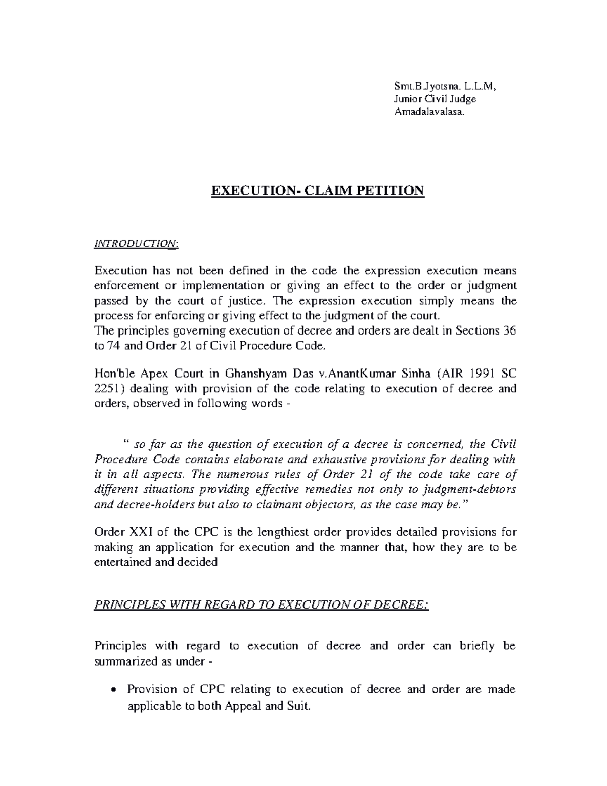 Execution Amadalavalasa - Smt.B. L.L, Junior Civil Judge Amadalavalasa ...