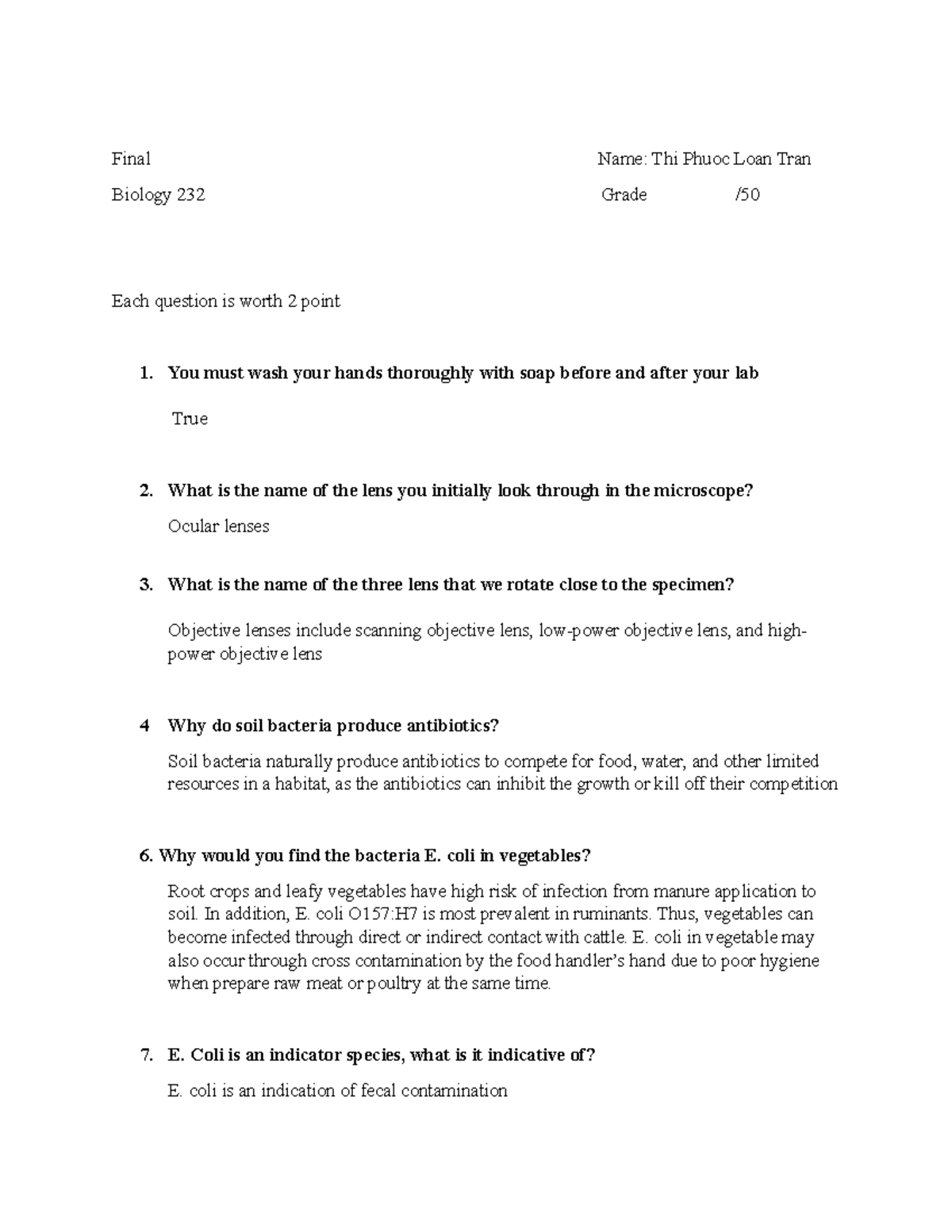 BIO LAB 232 Lab Practical 1 - Final Name: Thi Phuoc Loan Tran Biology ...