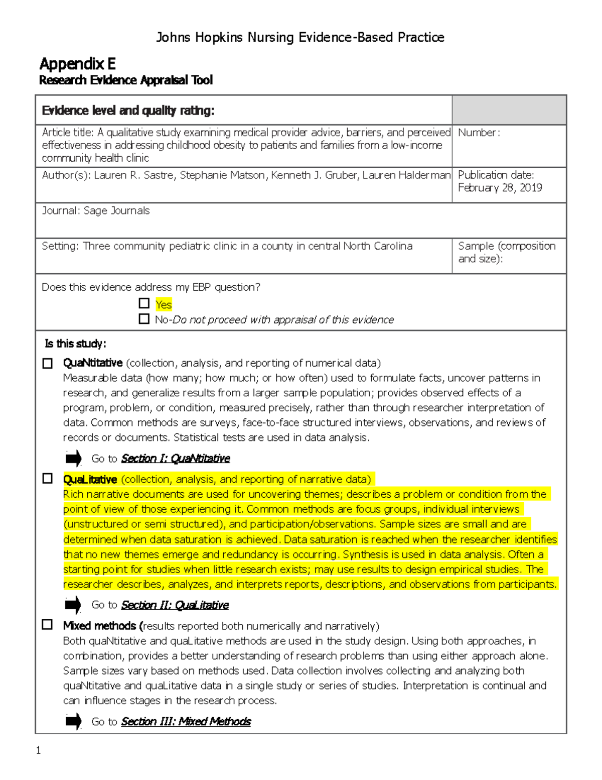 WK 4 Collab CAFE - Appendix E Research Evidence Appraisal Tool Evidence ...