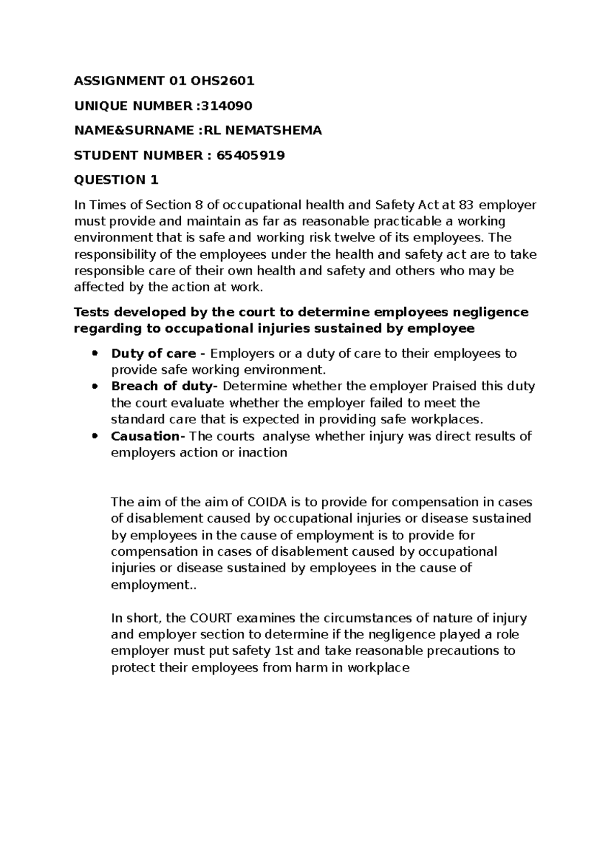 OHS2601 assignment 01 - ASSIGNMENT 01 OHS UNIQUE NUMBER : NAME&SURNAME ...