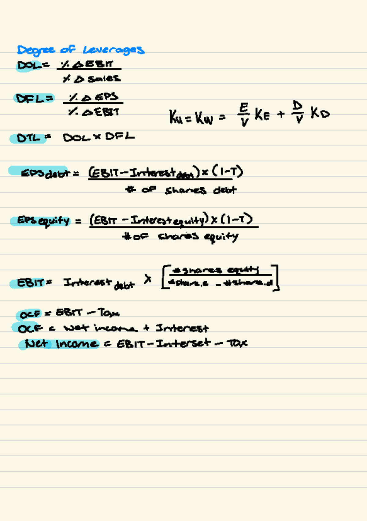 Final Review equations - BU393 - Degree of Leverages DOL =% DEBIT 10 ...