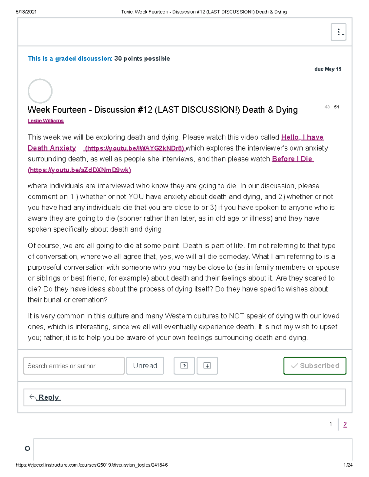 Topic Week Fourteen - Discussion #12 (LAST Discussion) Death & Dying ...