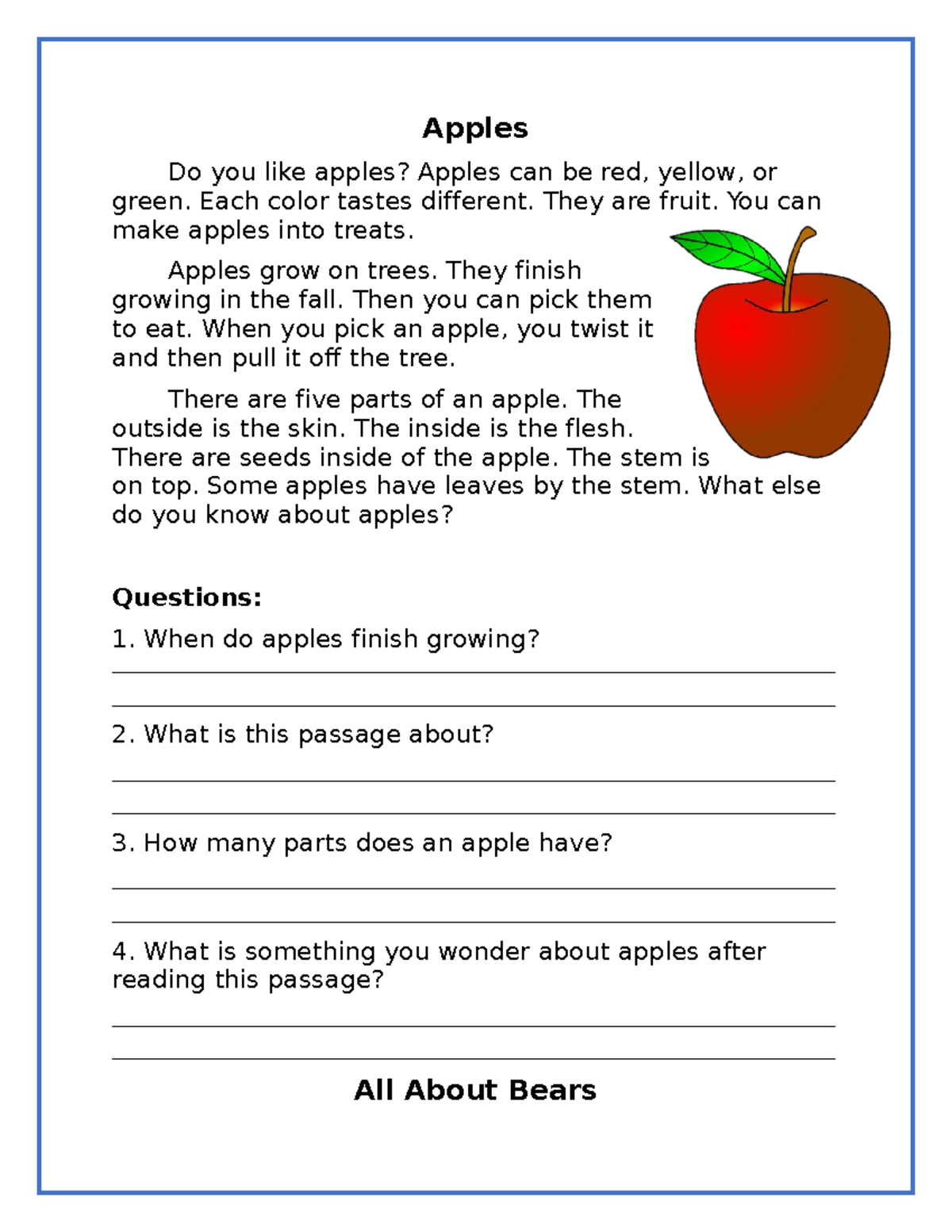 Reading Comprehension Materials - Apples Do you like apples? Apples can ...