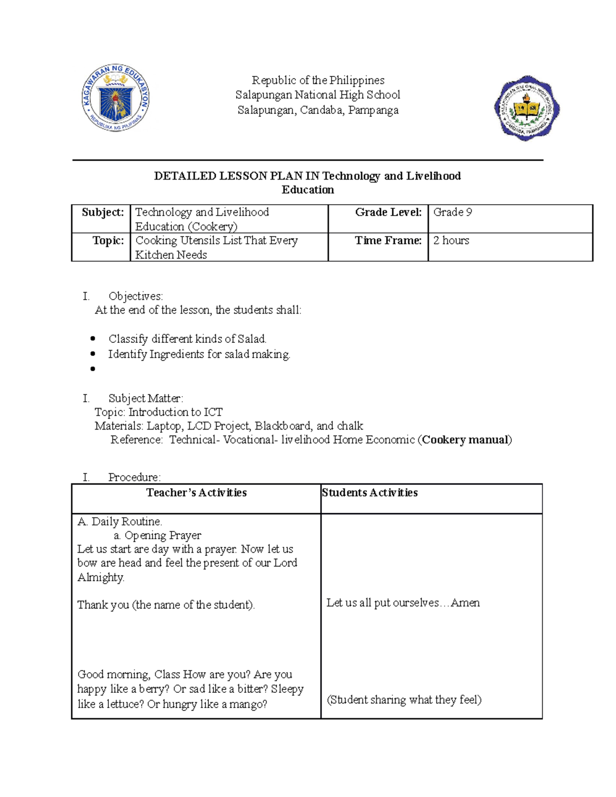 DLP 1 - Detailed Lesson Plan - Republic of the Philippines Salapungan ...