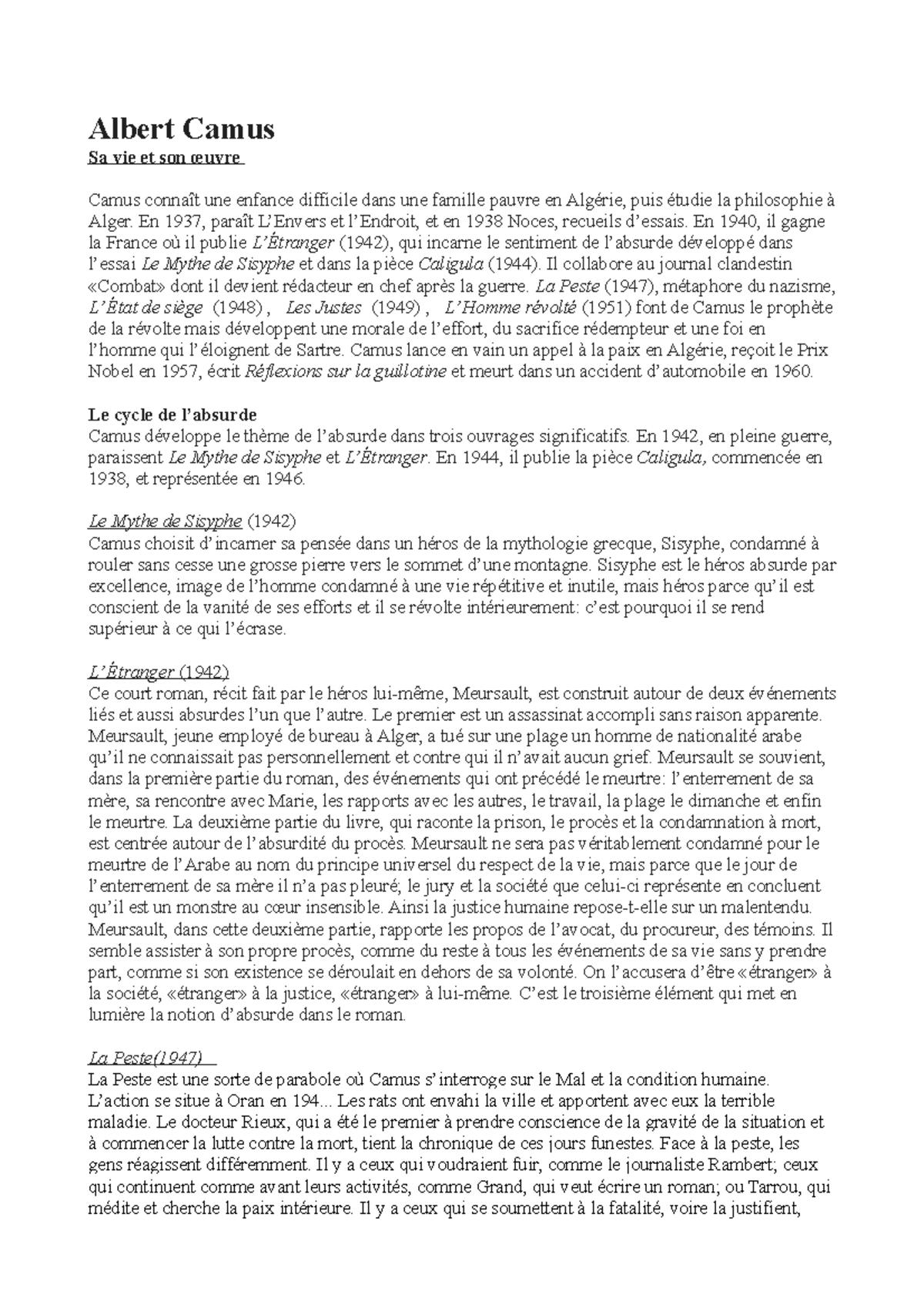 Camus - Appunti di lezione 1-2-3-4 (tutte) - Albert Camus Sa vie et son ...