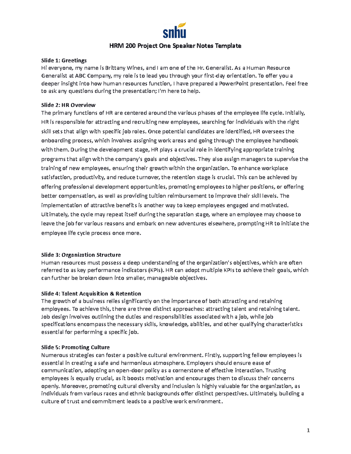 HRM 200 Project One Speaker Notes Template - HRM 200 Project One ...