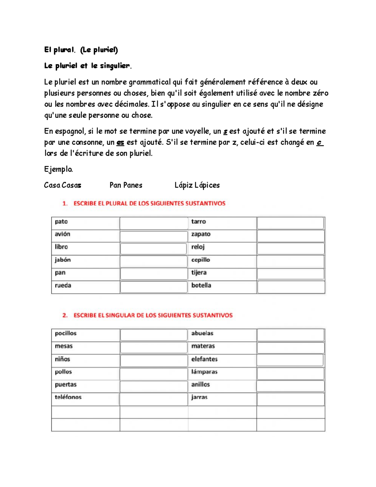 Plural - El plural. (Le pluriel) Le pluriel et le singulier. Le pluriel ...