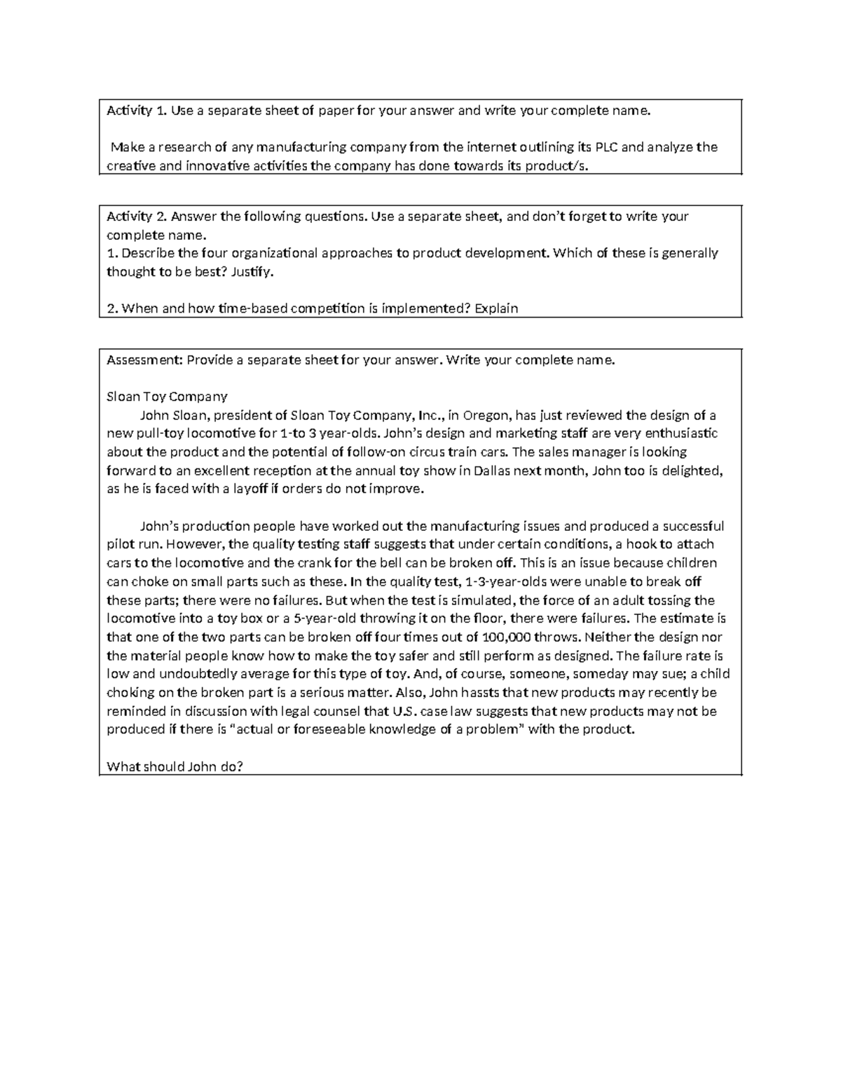 Module 3 - Activity - Operation Management - Activity 1. Use a separate ...