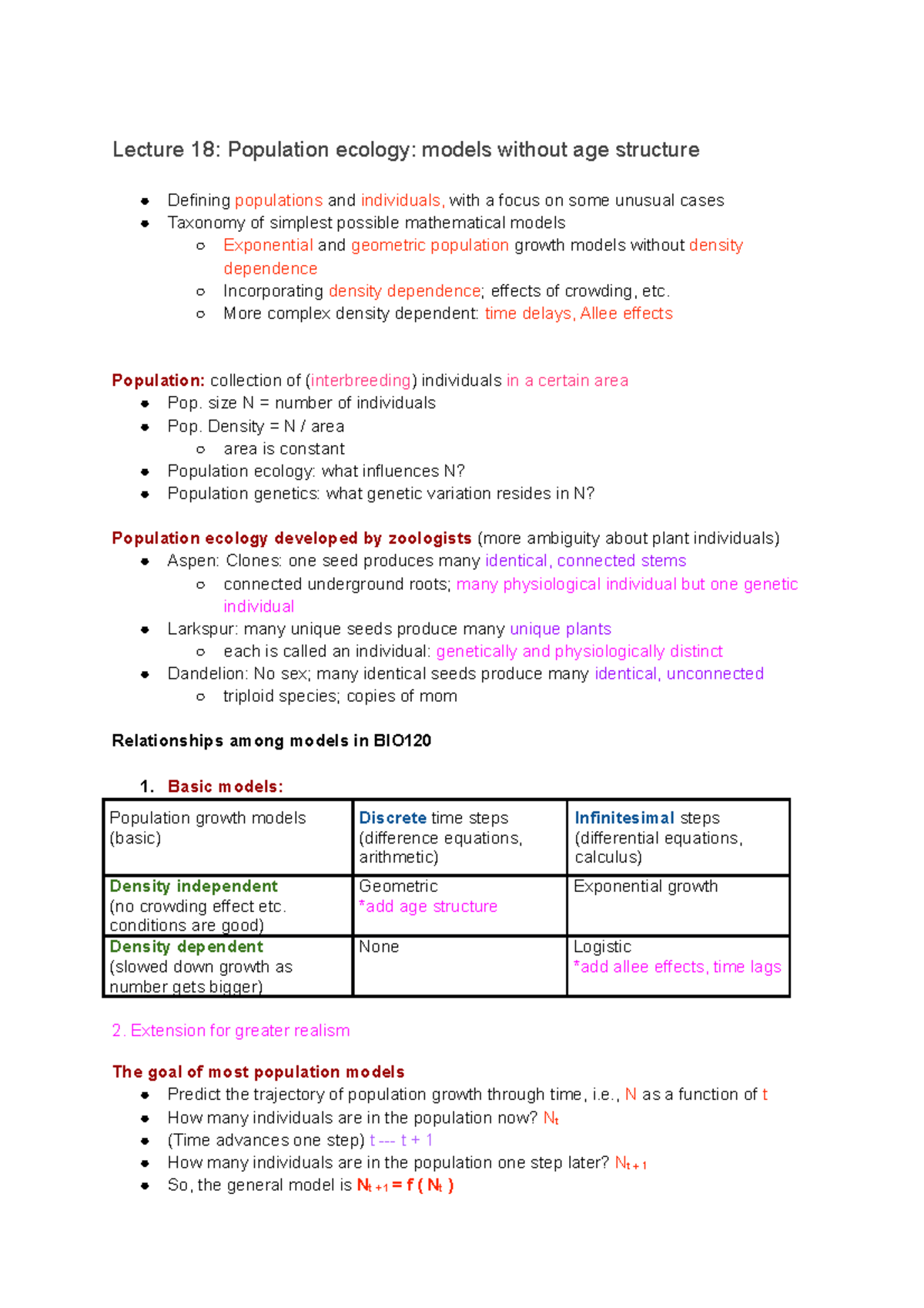 BIO120H1 University of Toronto Lecture 18 - Population ecology models ...