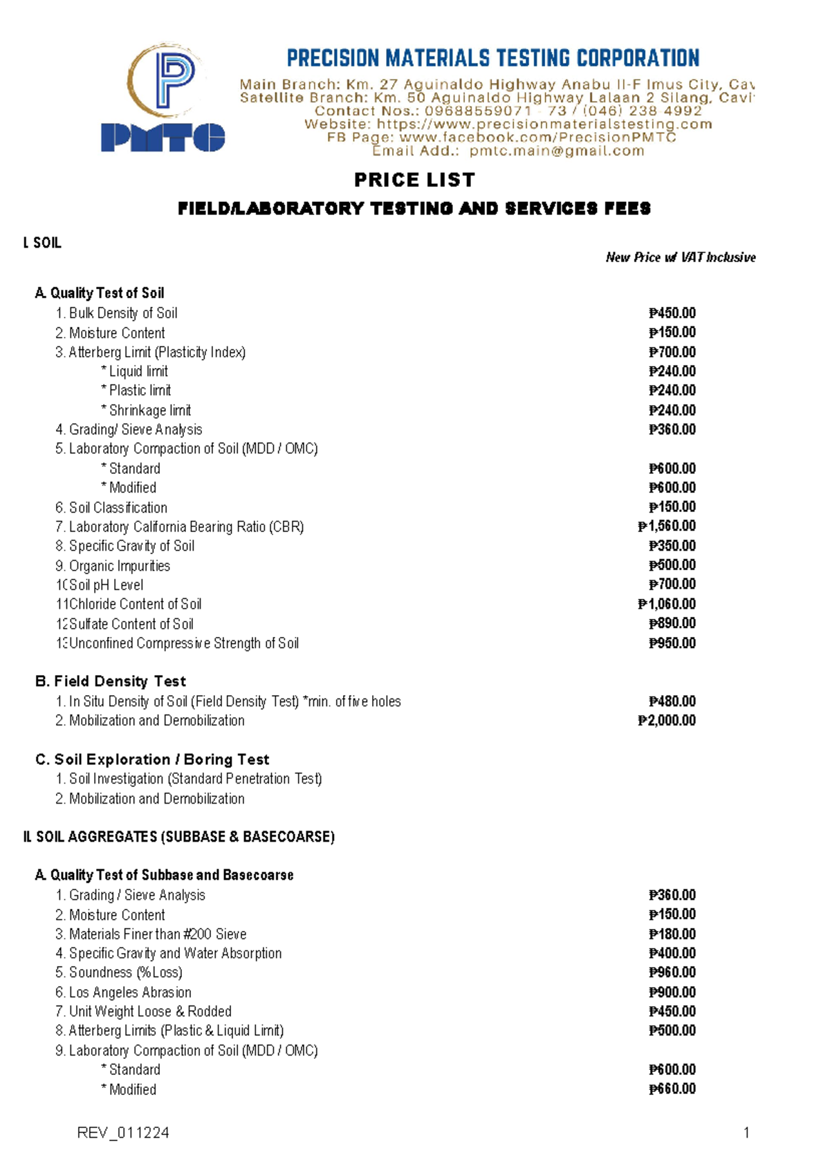 PMTC Price LIST R10 Jan 2024 - PRICE LIST FIELD/LABORATORY TESTING AND ...