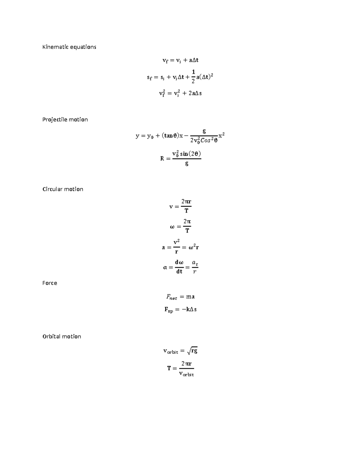 Final exam formula sheet - Kinematic equations vf = vi + aΔt sf = si ...