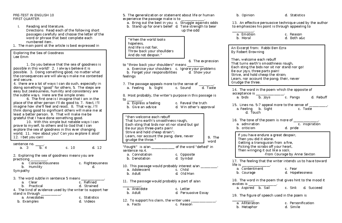 PRE-TEST 1ST Quarter English - PRE-TEST IN ENGLISH 10 FIRST QUARTER I ...
