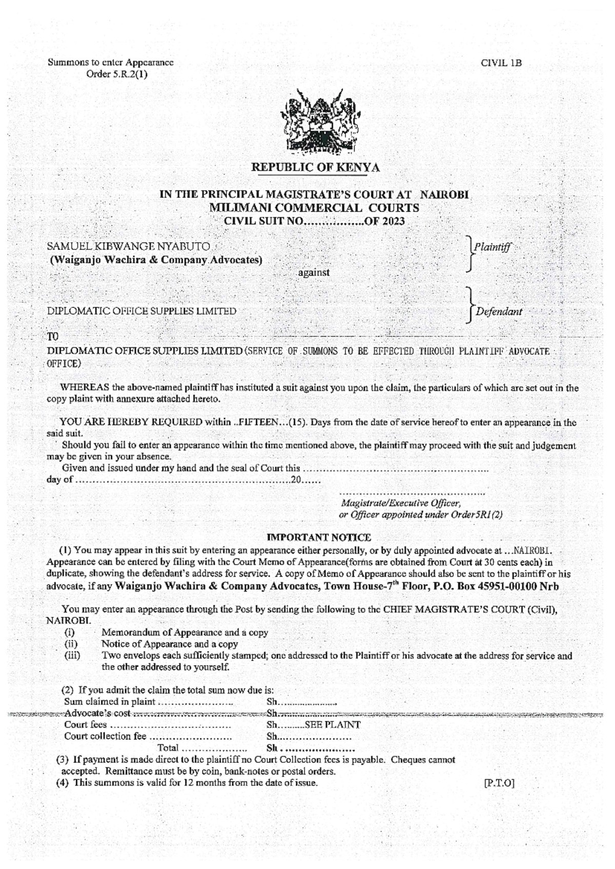 Plaint - Plai - Summons to enter Appearance CIVIL 1B Order 5.R(1 ...