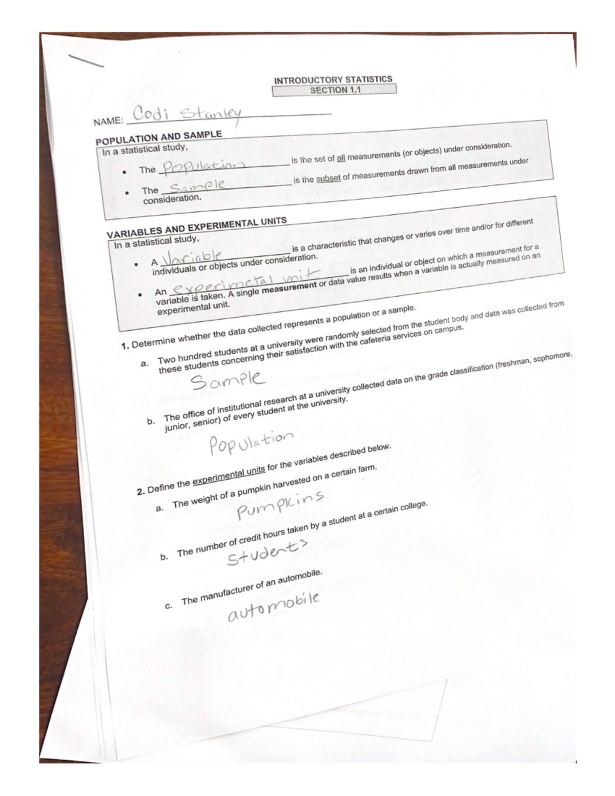 Population AND Sample - Lecture notes 1.1 - INTRODUCTORY STATISTICS ...