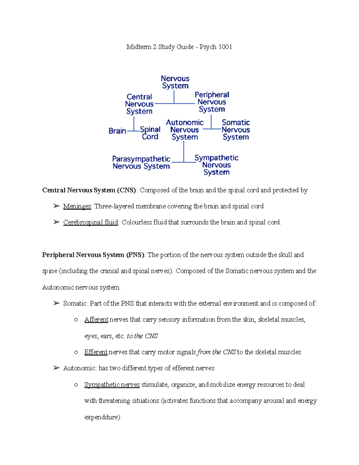 Midterm 2 Study Guide - Psych 1001 - Midterm 2 Study Guide - Psych 1001 Central Nervous System ...