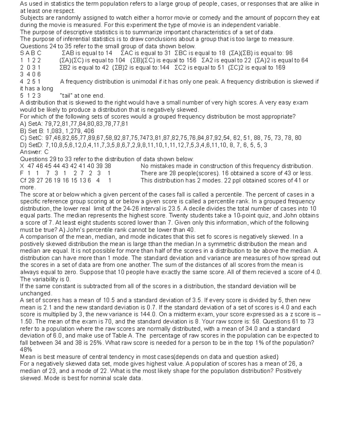 Midterm 1 cheat sheet - As used in statistics the term population ...