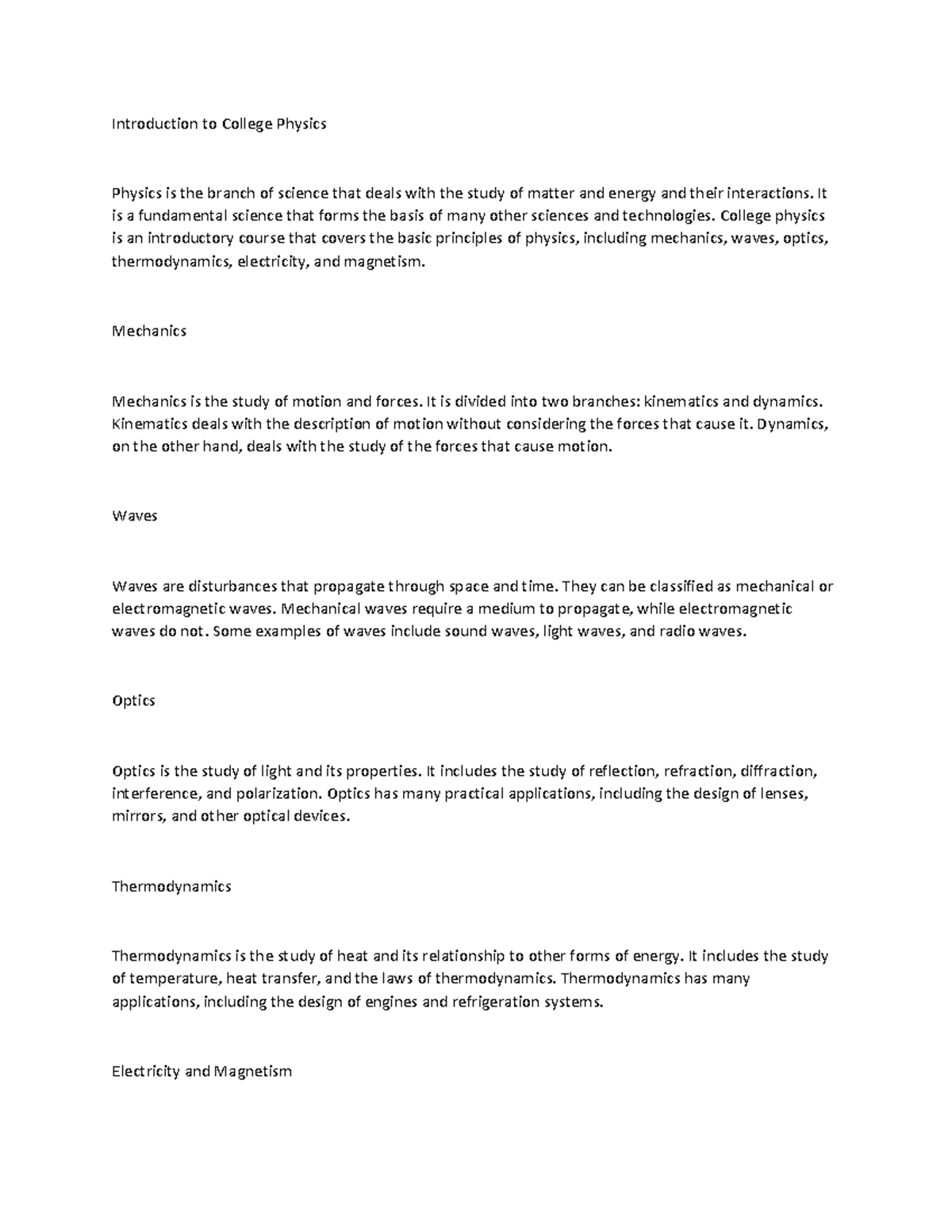 Phys - Phys - Introduction to College Physics Physics is the branch of ...