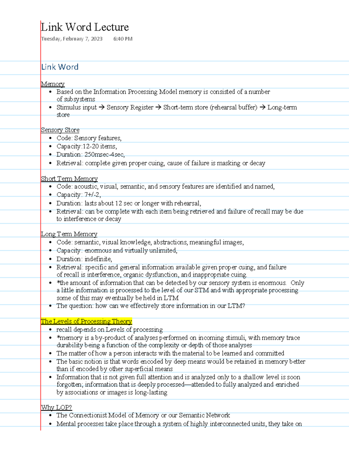 Psych 313-Link Word Lecture - Link Word Memory Based on the Information ...