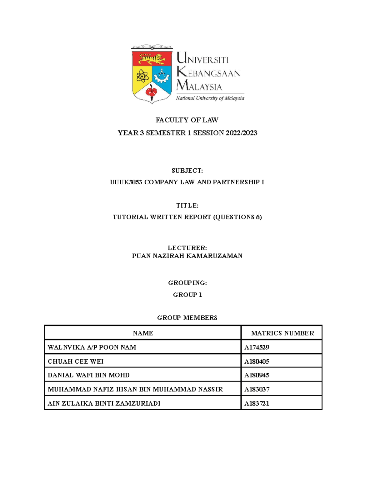 Group 1 Company Tutor - FACULTY OF LAW YEAR 3 SEMESTER 1 SESSION 2022 ...