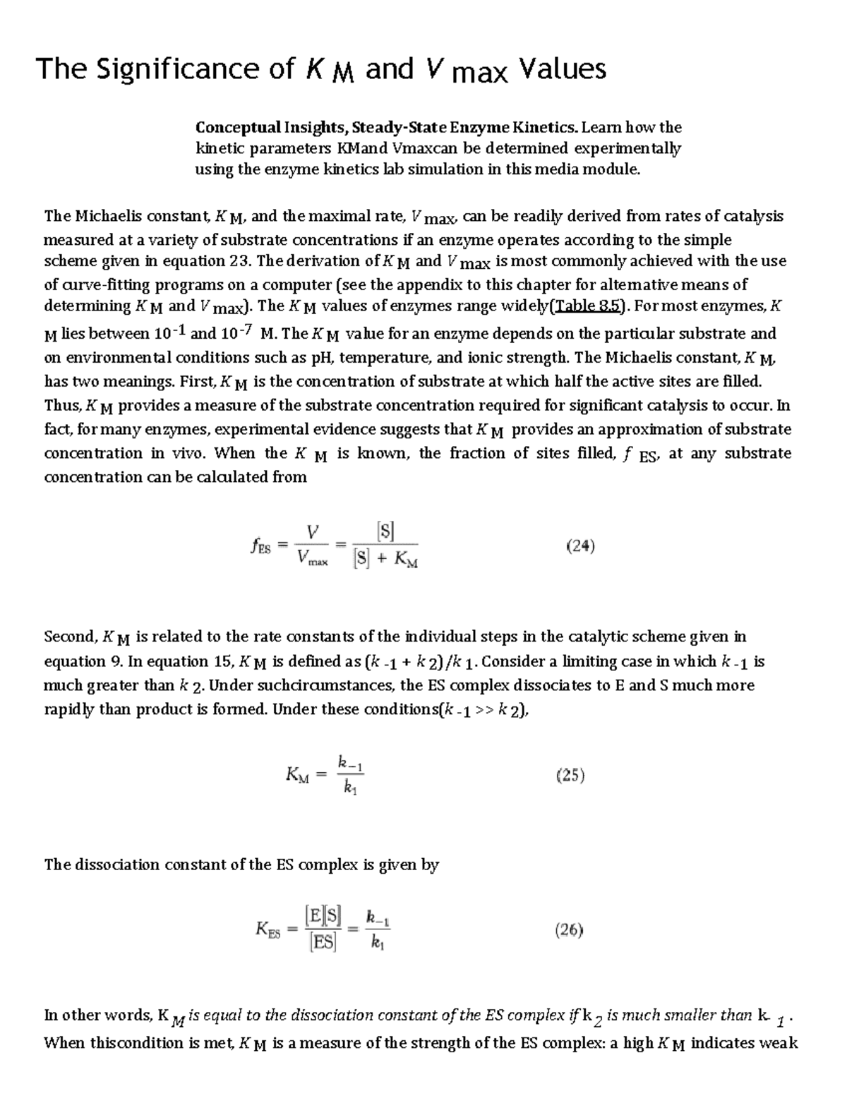 The Significance of K M and V max Values - The Significance of K M and ...