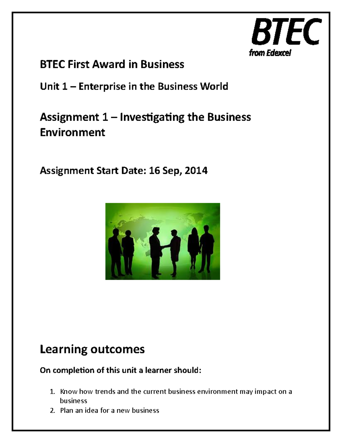 BTEC First Award in Business Unit 1 Ente - BTEC First Award in Business ...