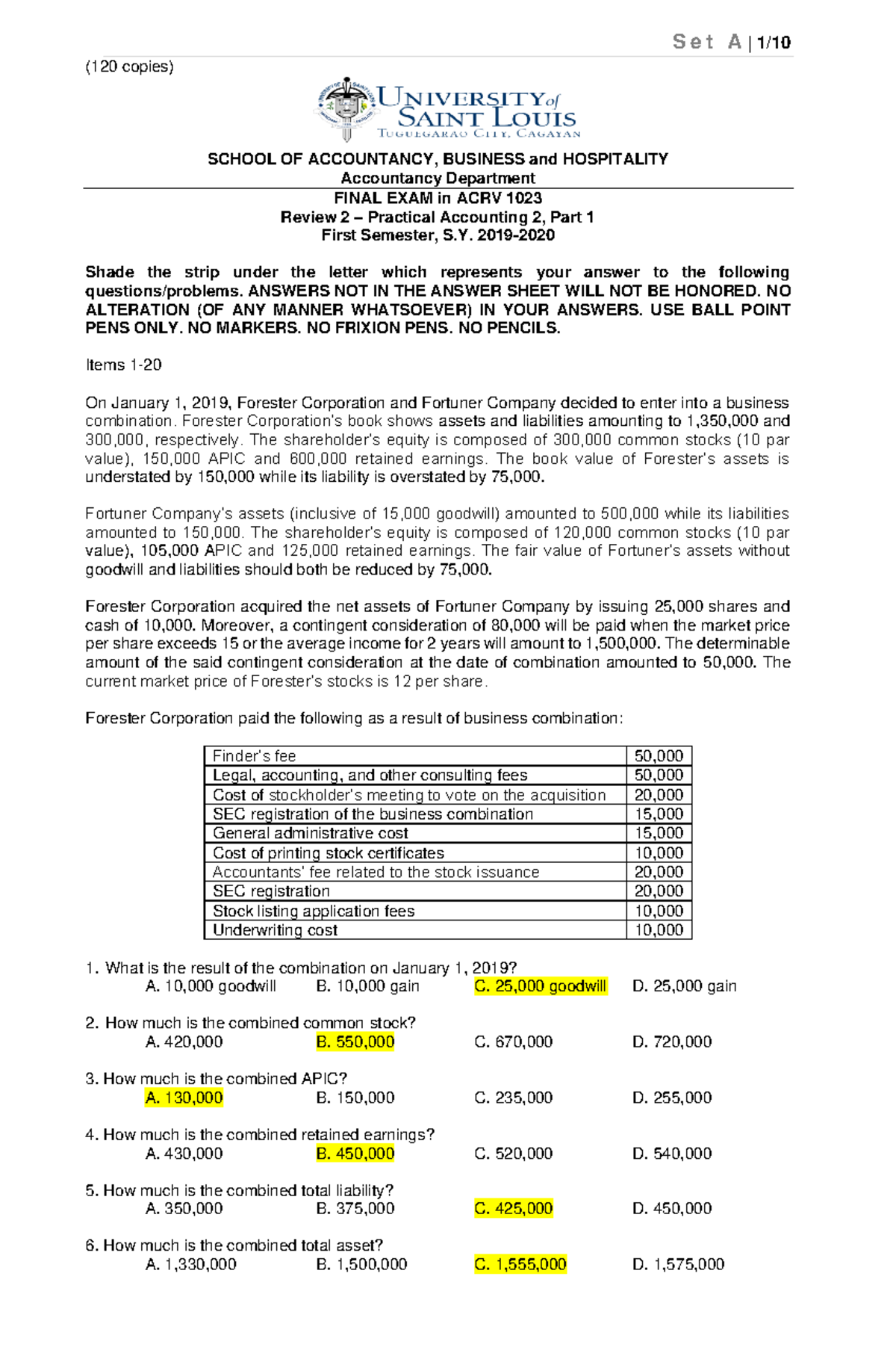 Midterm EXAM - Business Combination - (120 copies) SCHOOL OF ...