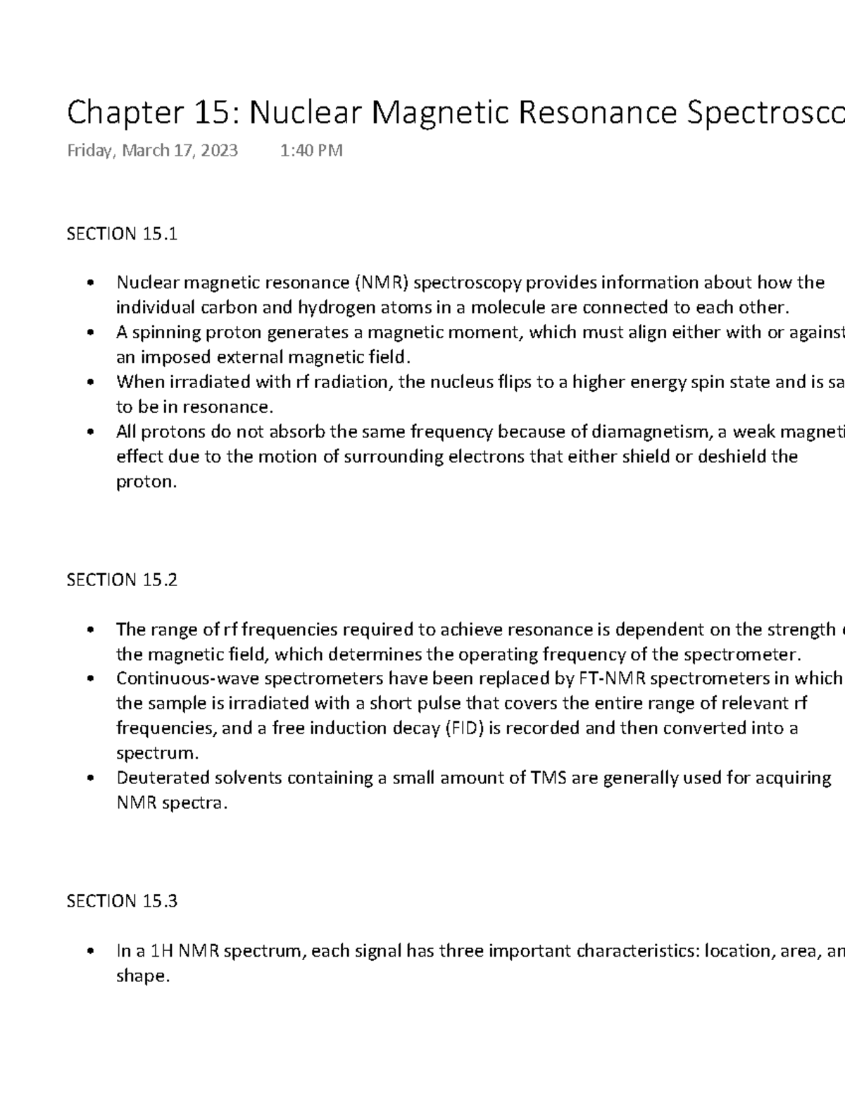 Chapter 15: Nuclear Magnetic Resonance Spectroscopy Summary - SECTION ...