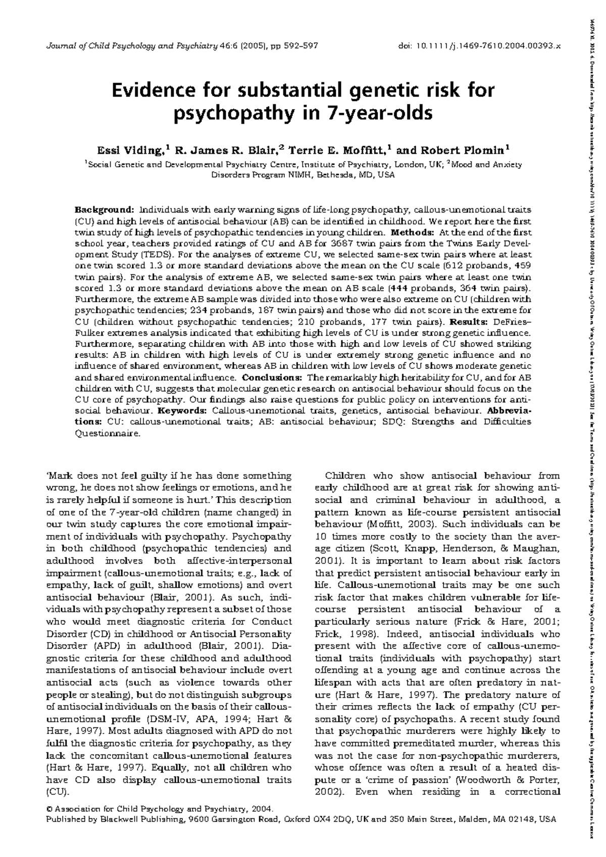 Article 1-1 - Evidence for substantial genetic risk for psychopathy in ...