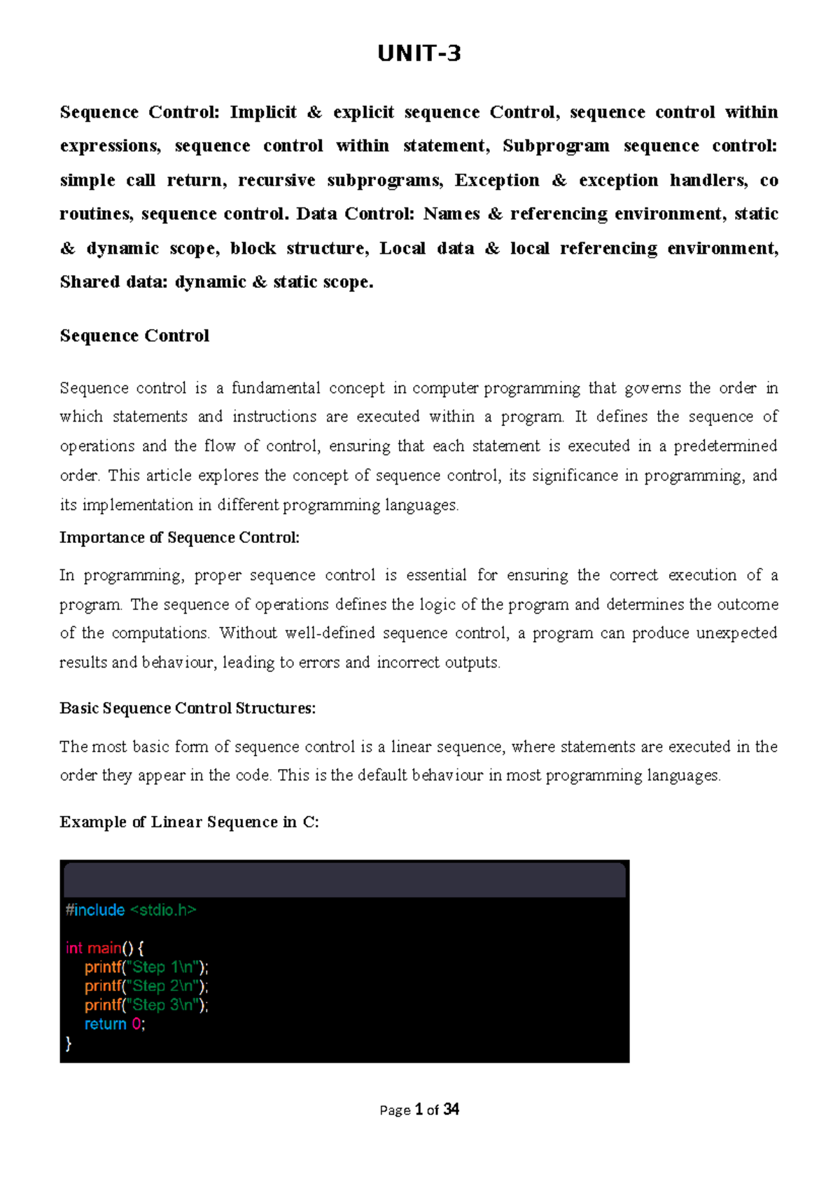 UNIT-3 Programming Languages - UNIT- Sequence Control: Implicit ...
