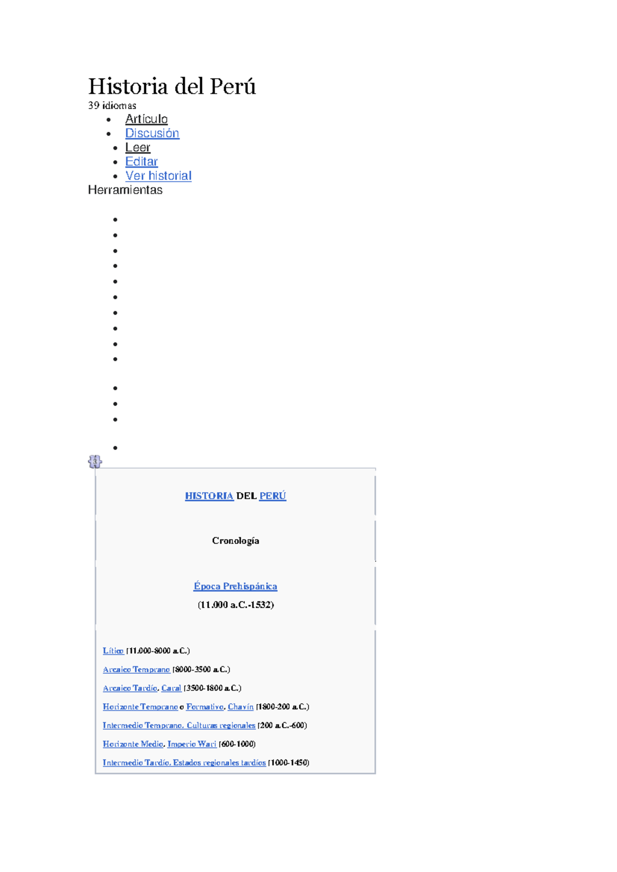 Historia del Perú -1532) Lítico (11-8000 a.) Arcaico Temprano (8000 ...