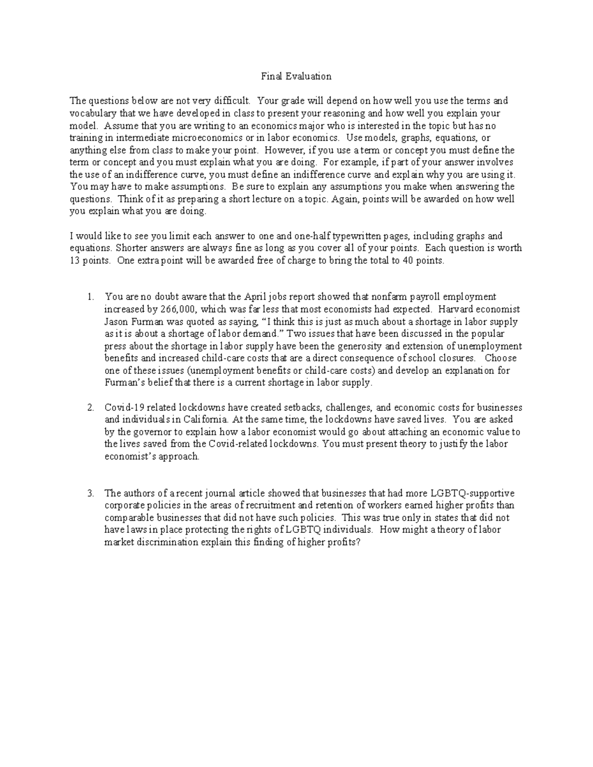 Final Evaluation Spring 2021 - Final Evaluation The questions below are ...