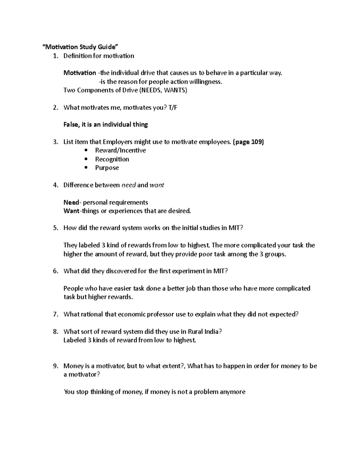 Study Guide - “Motivation Study Guide” 1. Definition for motivation ...