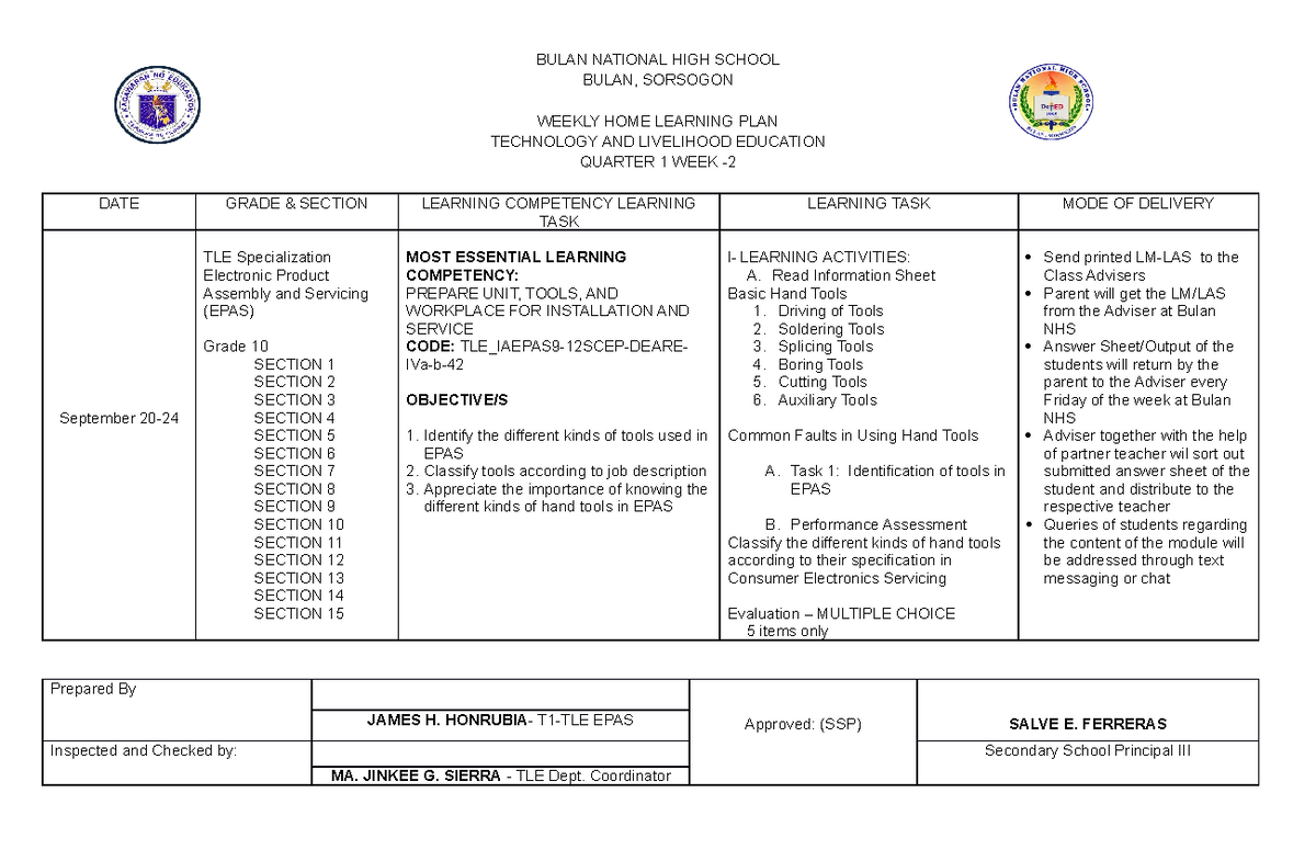 WHLP G1-WEEK 2 - Whlp - BULAN NATIONAL HIGH SCHOOL BULAN, SORSOGON ...