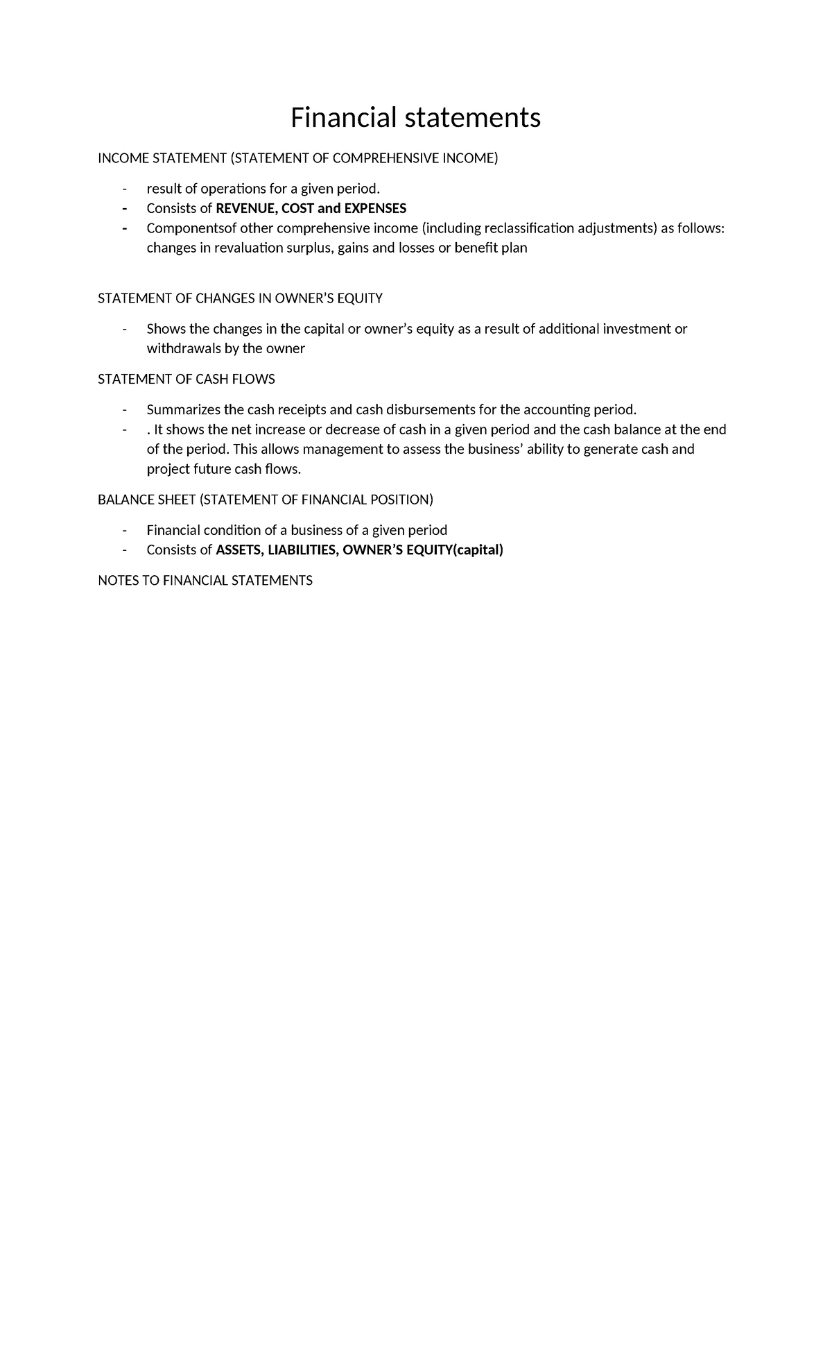 Acctg 121 - notes - Financial statements INCOME STATEMENT (STATEMENT OF ...