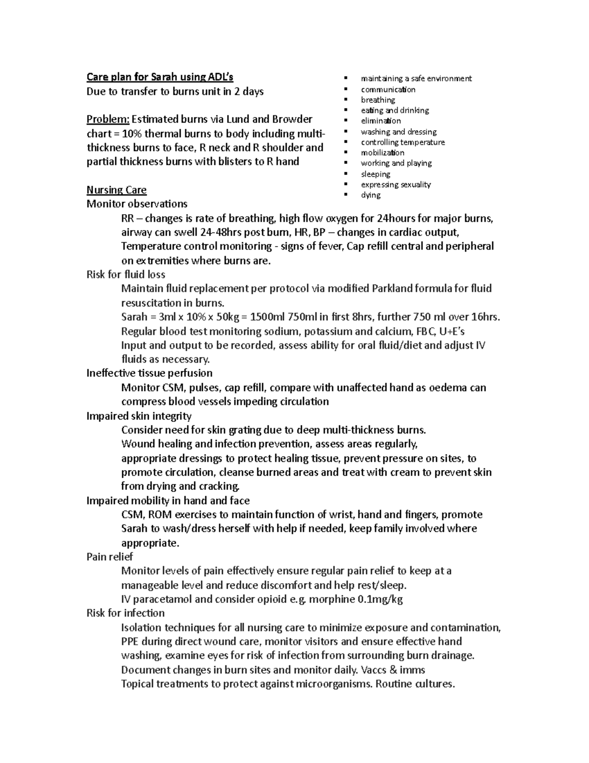 Care plan for Sarah using ADL - Care plan for Sarah using ADL’s Due to ...