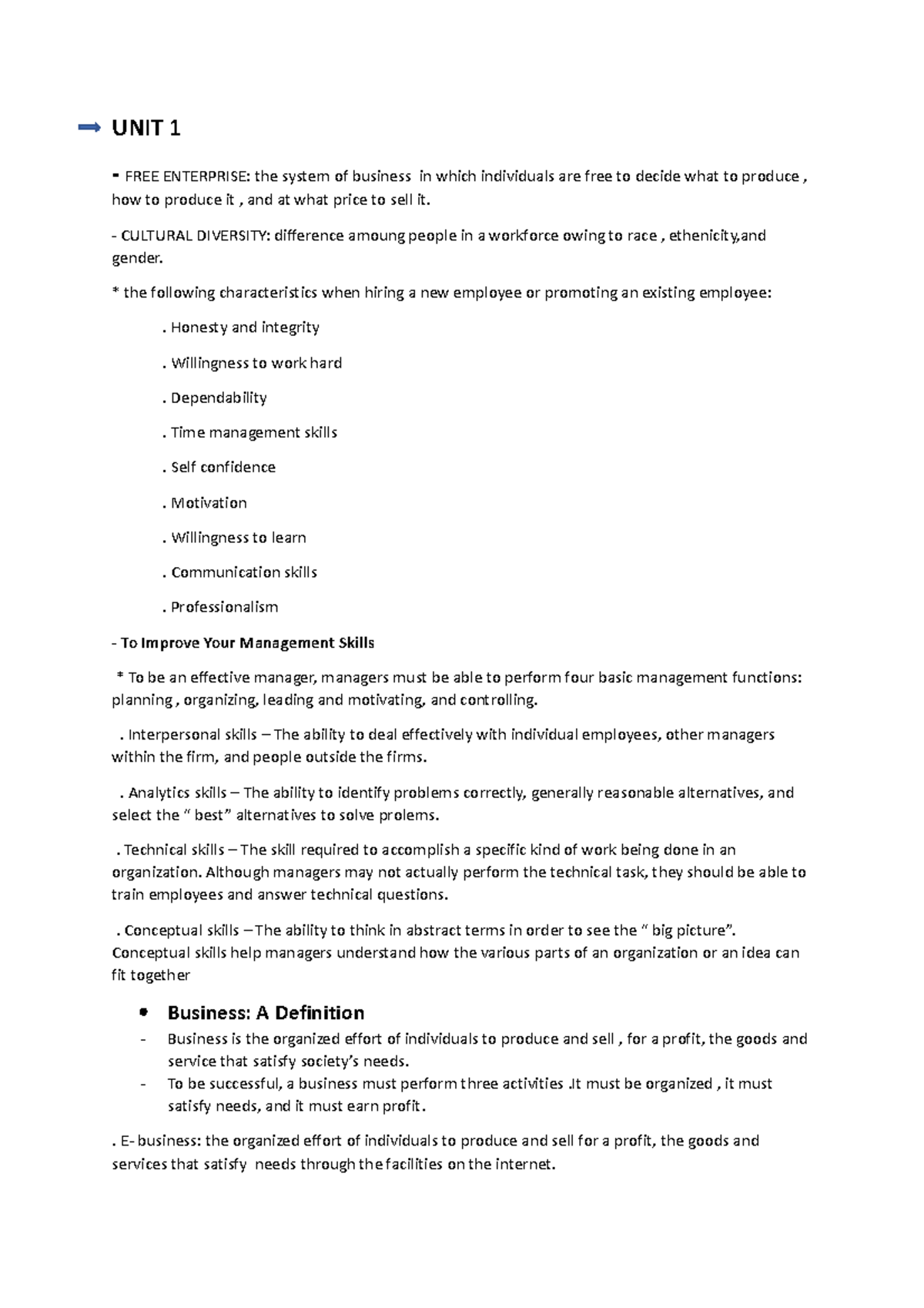 UNIT 1 - UNIT 1 - FREE ENTERPRISE: the system of business in which ...