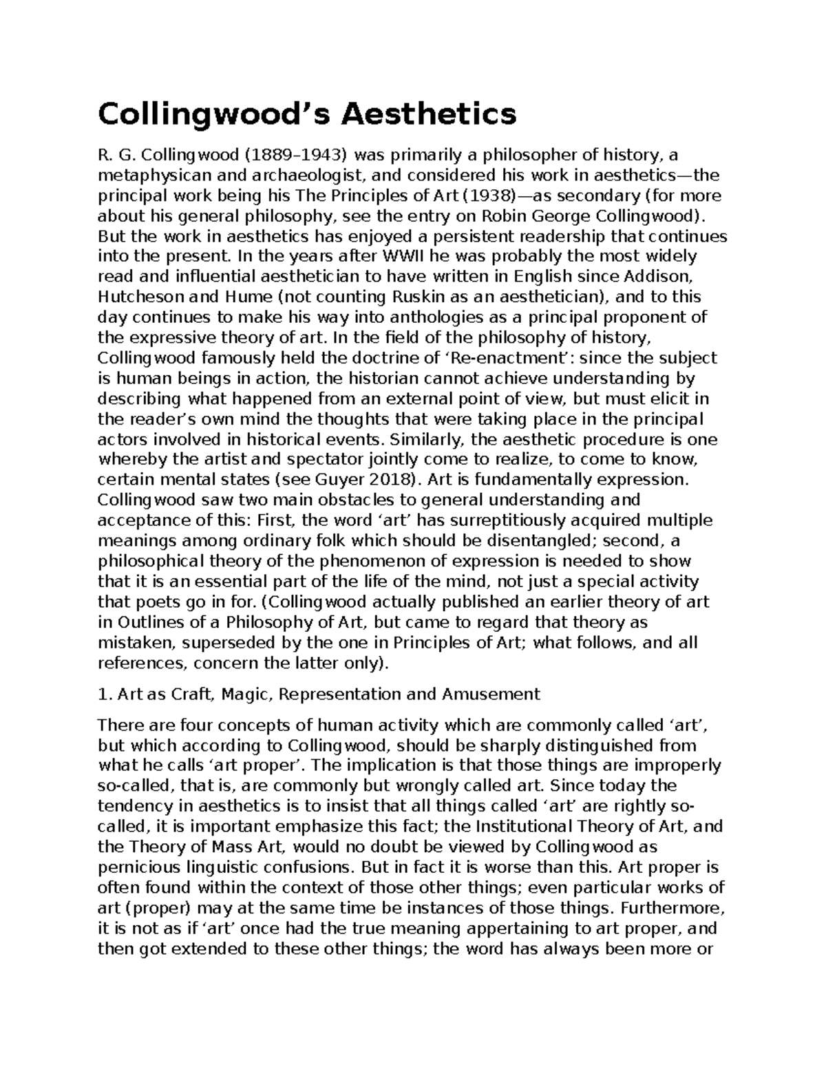 Collingwood’s Aesthetics - G. Collingwood (1889–1943) was primarily a ...