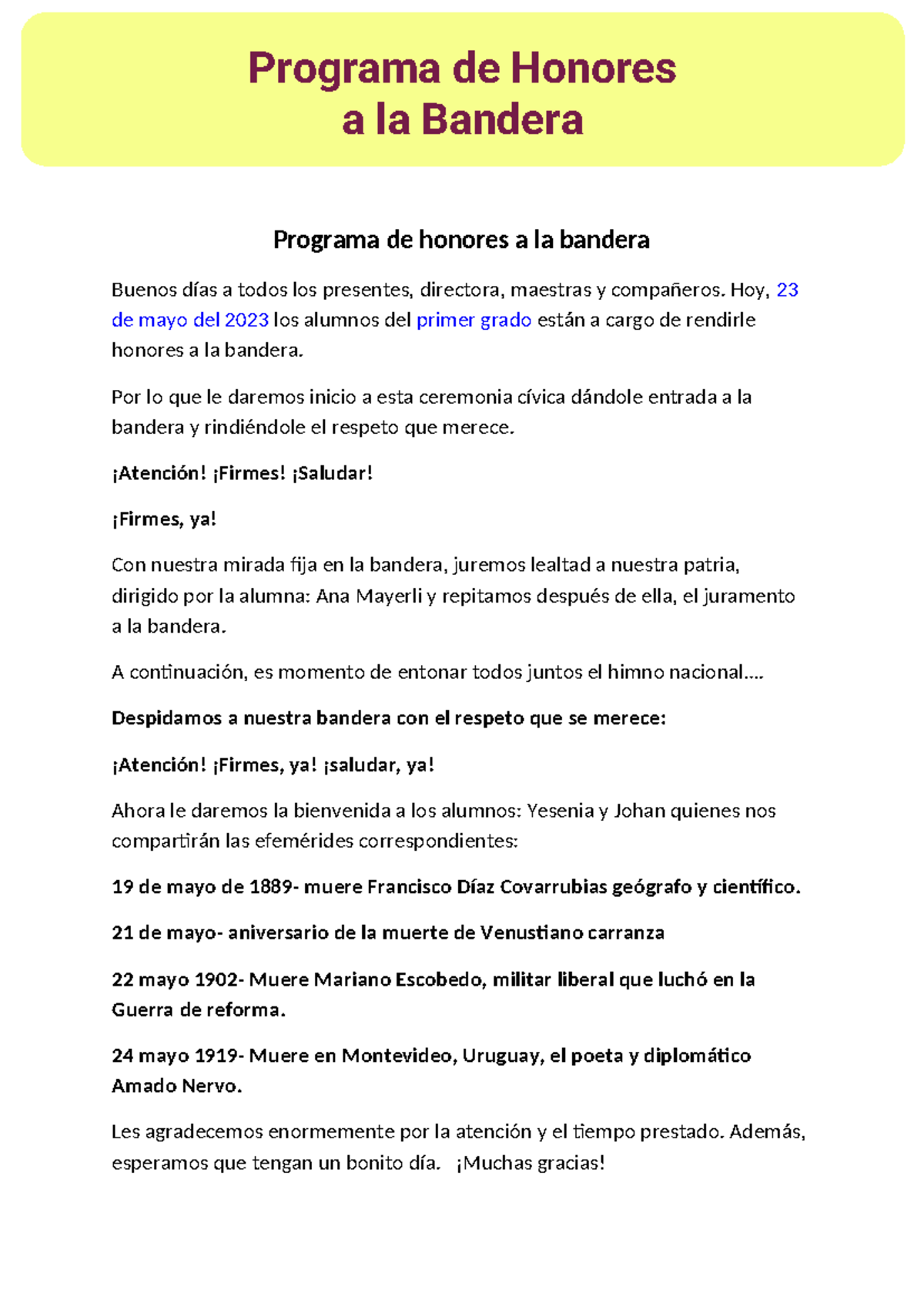 Modelo de programa honores a la bandera - Programa de honores a la bandera Buenos días a todos ...